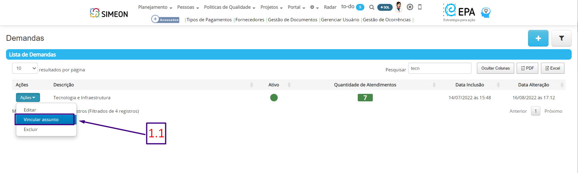 Ouvidoria – Vincular assuntos à uma demanda no EPA. | Wiki EPA