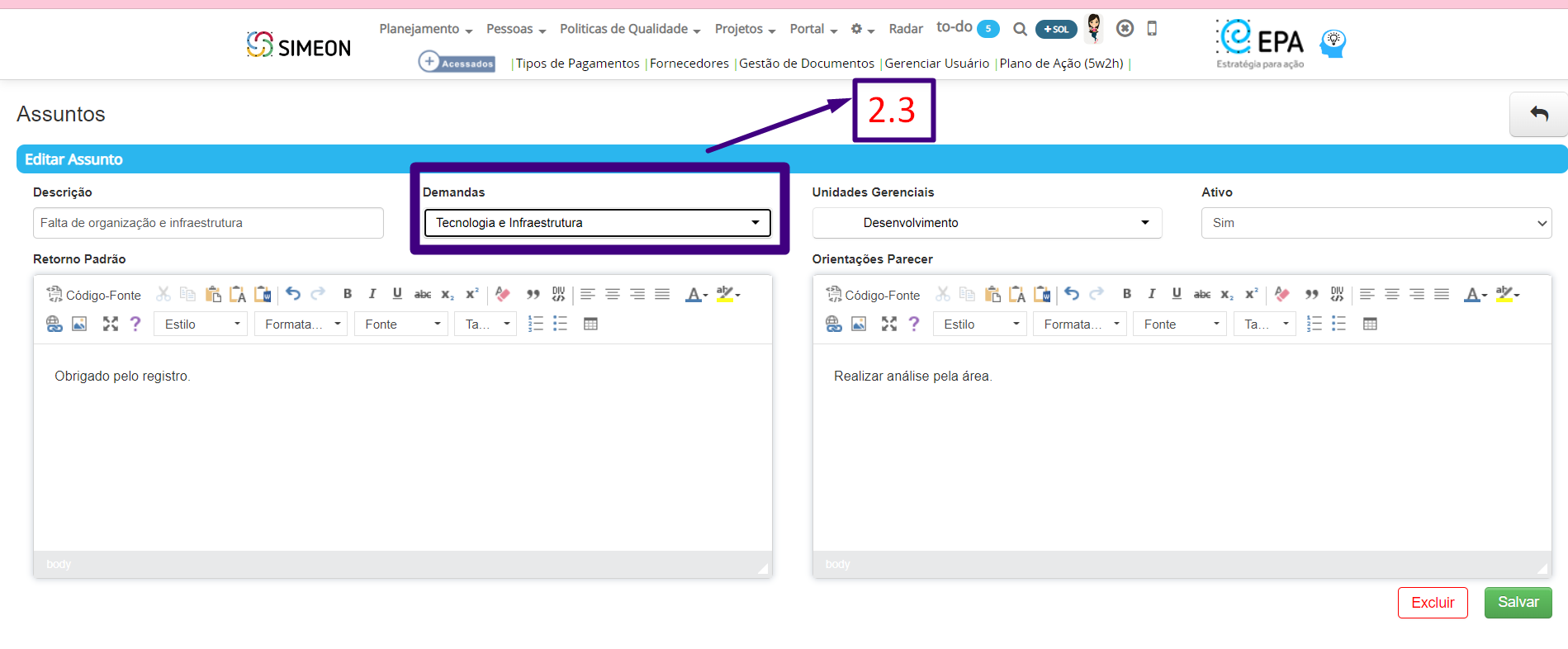 Ouvidoria – Vincular assuntos à uma demanda no EPA. | Wiki EPA