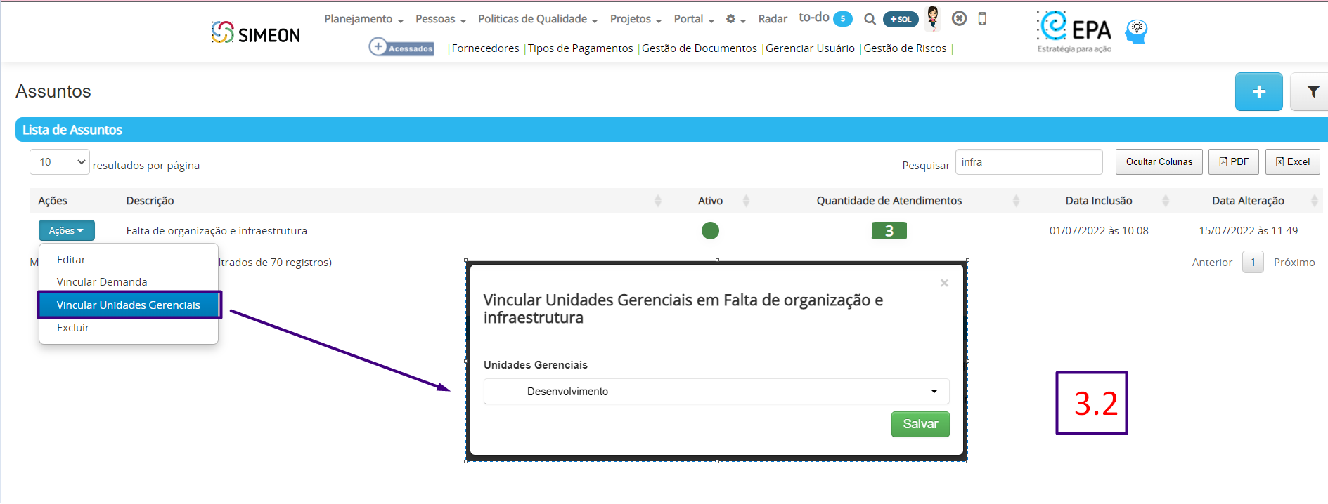 Ouvidoria – Vincular assuntos à uma demanda no EPA. | Wiki EPA