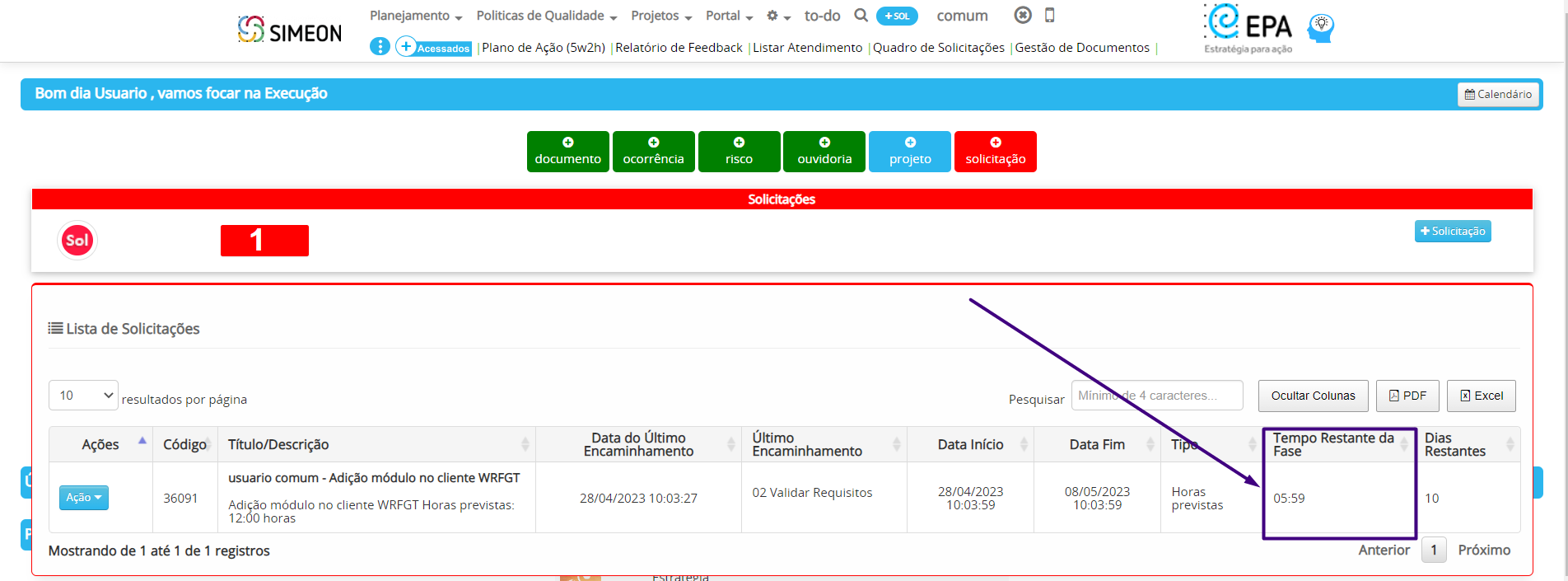Solicitações – Tempo Restante de Execução das Fases na Tela Principal ...