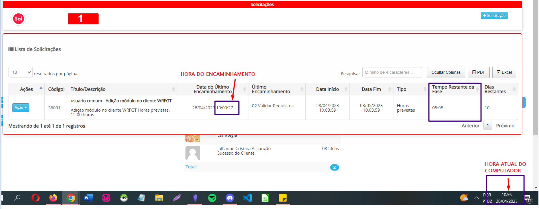 Solicitações – Tempo Restante de Execução das Fases na Tela Principal ...