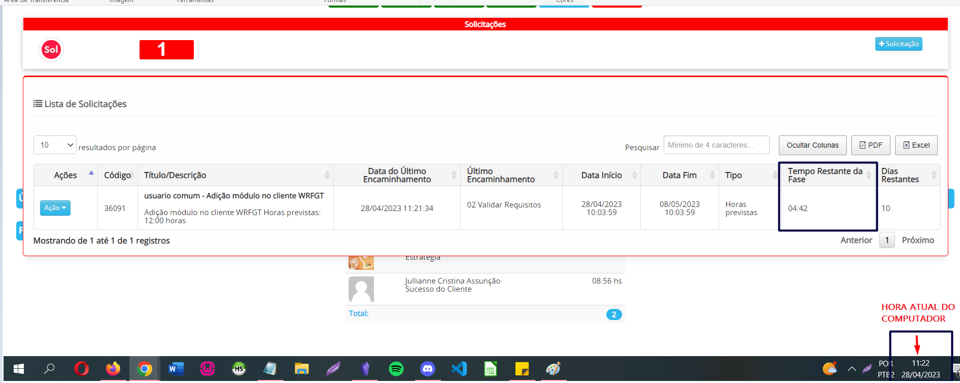 Solicitações – Tempo Restante de Execução das Fases na Tela Principal ...